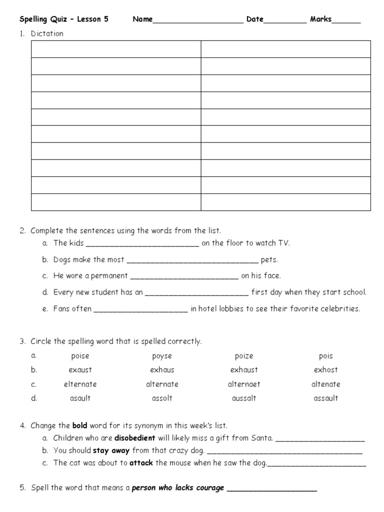 Grade 5 Spelling Quiz - Lesson 5 | PDF