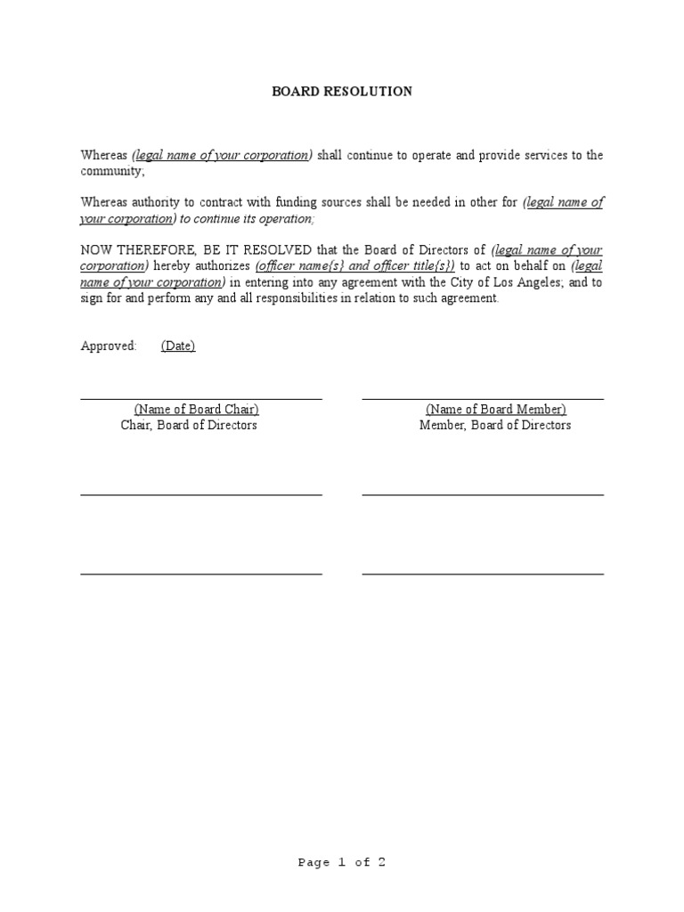 Resolution Authorizing [Corporation Name] Officers to Enter into ...