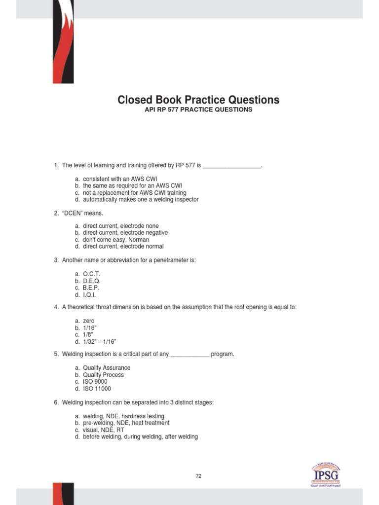 Closed Book API RP 577 Practice Questions | PDF | Welding | Construction