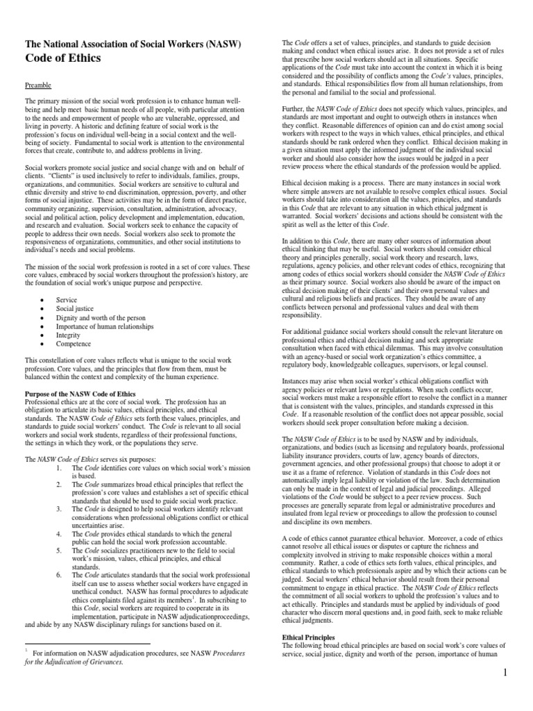 Code of Ethics: The National Association of Social Workers (NASW) | PDF ...