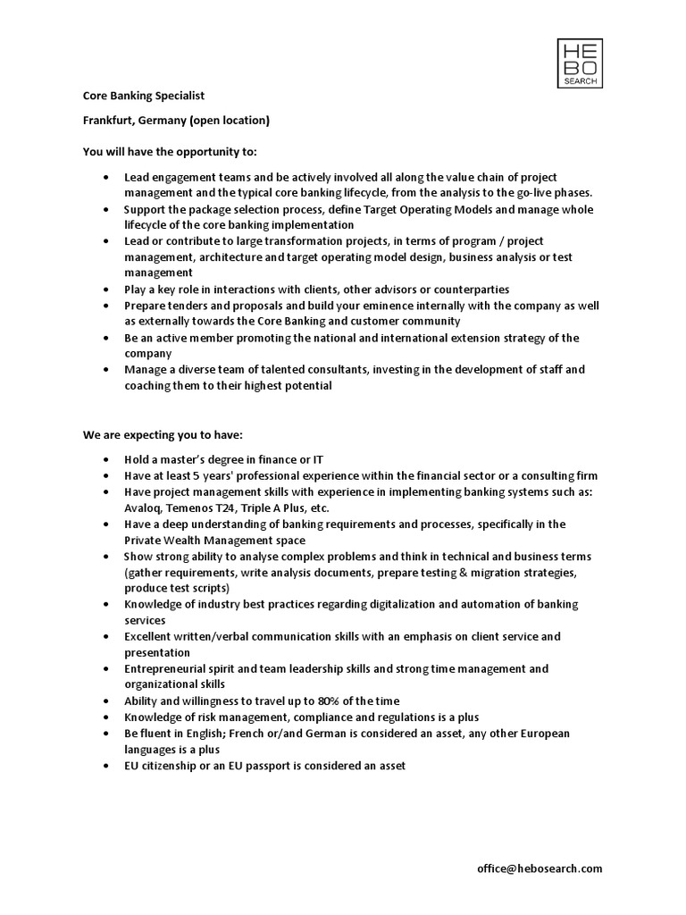 Core Banking Specialist Opportunity in Frankfurt | PDF | Consultant | Banks