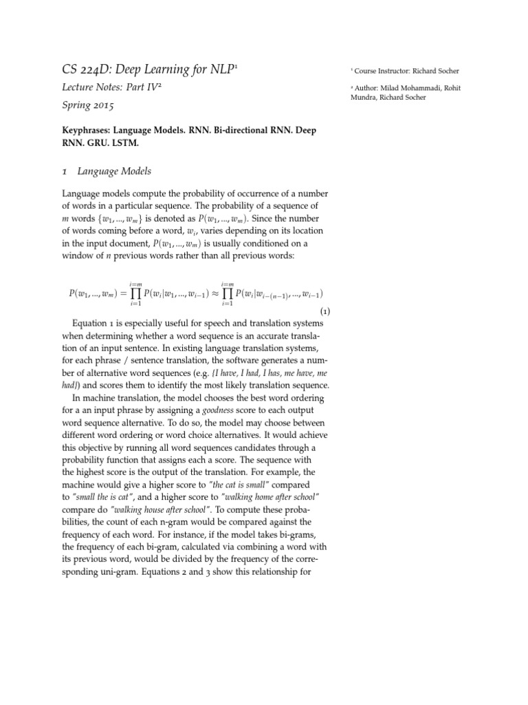 CS 224D: Deep Learning For NLP: Lecture Notes: Part IV Spring 2015 ...
