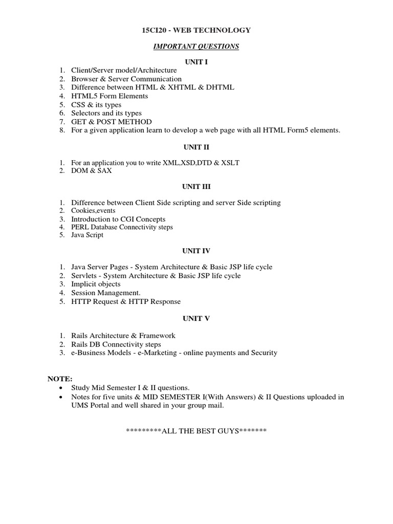 15ci20 - Web Technology: Important Questions | PDF
