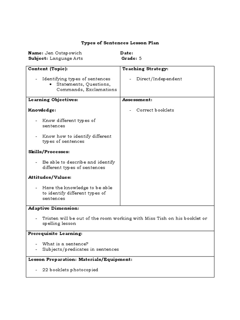 Types of Sentences Lesson Plan | PDF | Lesson Plan | Sentence (Linguistics)