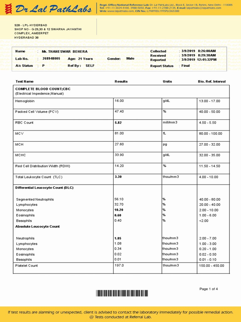 Complete Blood Count and Dengue NS1 Antigen Test Report for Mr ...