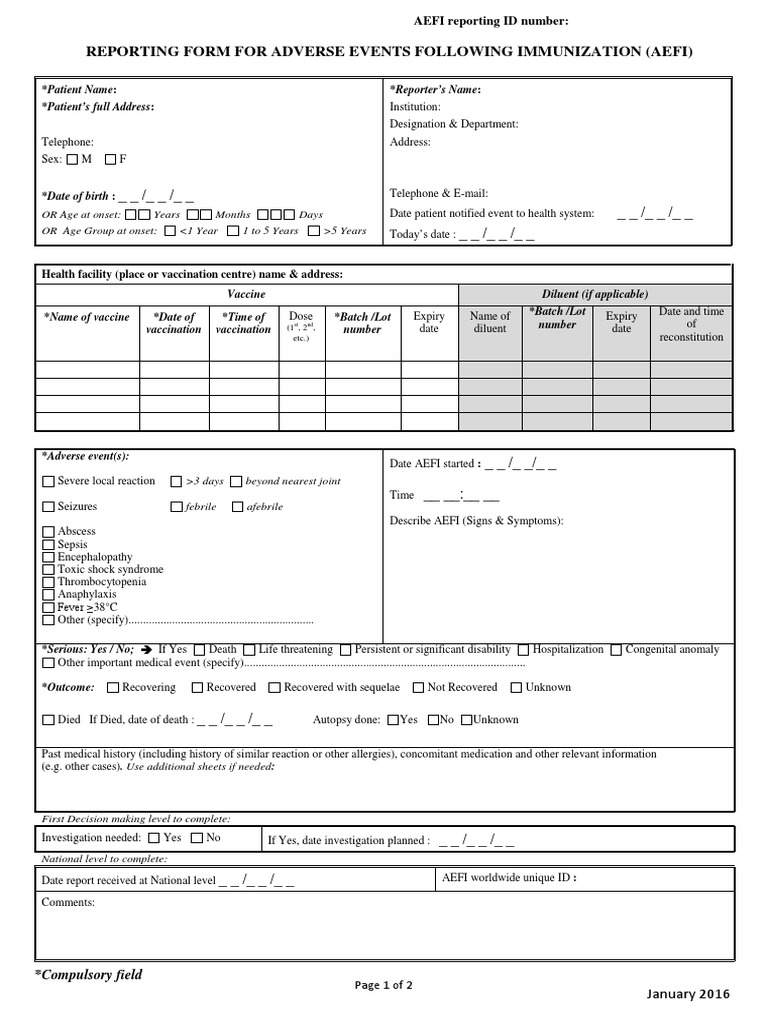 AEFI Reporting Form en Jan2016 | PDF | Fever | Vaccines