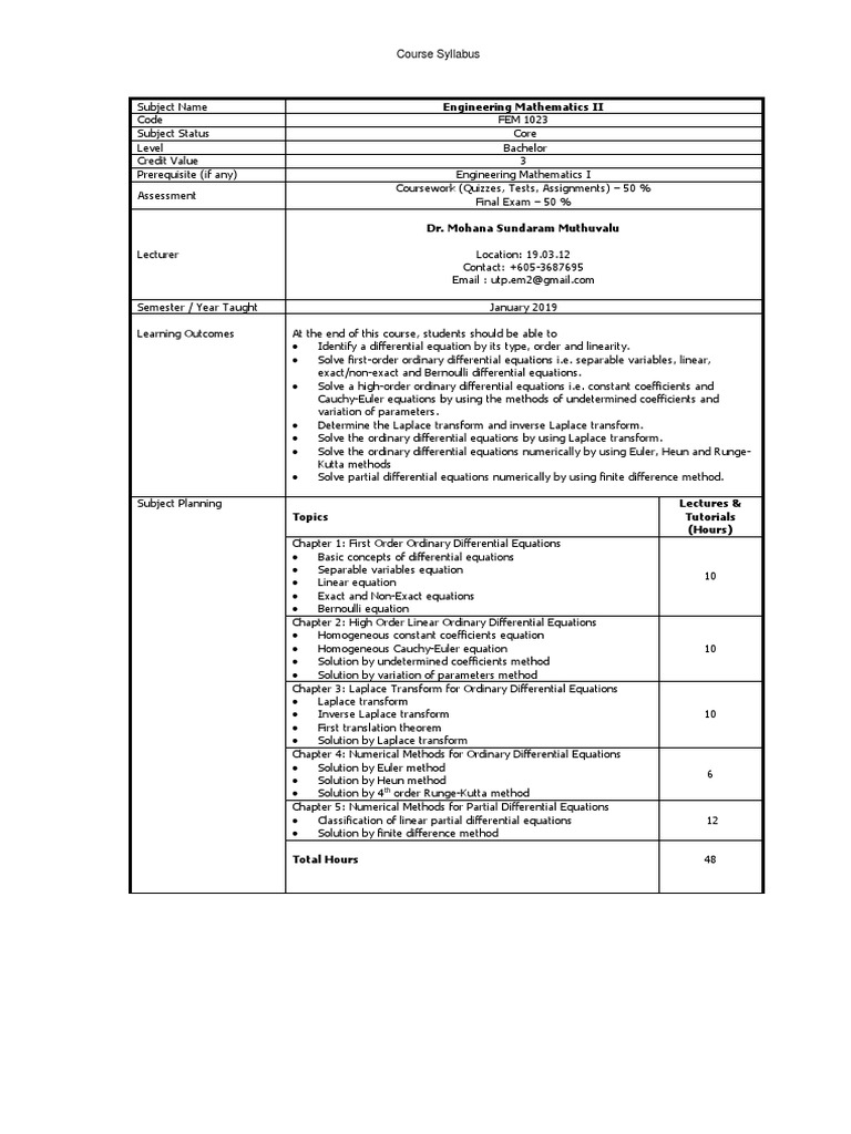 Engineering Math II Syllabus | PDF | Equations | Ordinary Differential ...