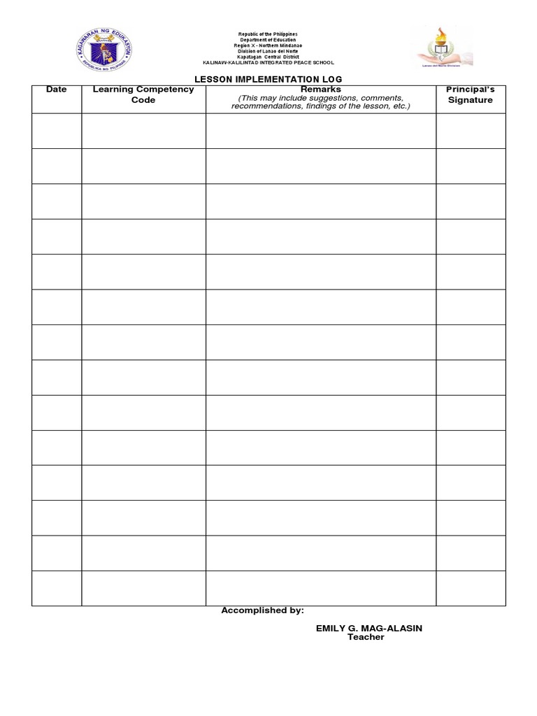 Lesson Implementation Log: Date Learning Competency Code Remarks ...