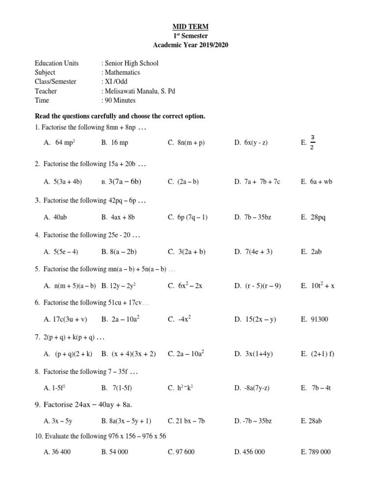 Mid Term Exam for Grade 11 Mathematics: Factorization, Expansion, and ...