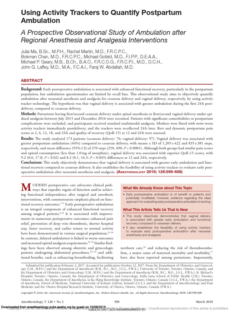 Using Activity Trackers To Quantify Postpartum Ambulation | PDF | Childbirth | Anesthesia