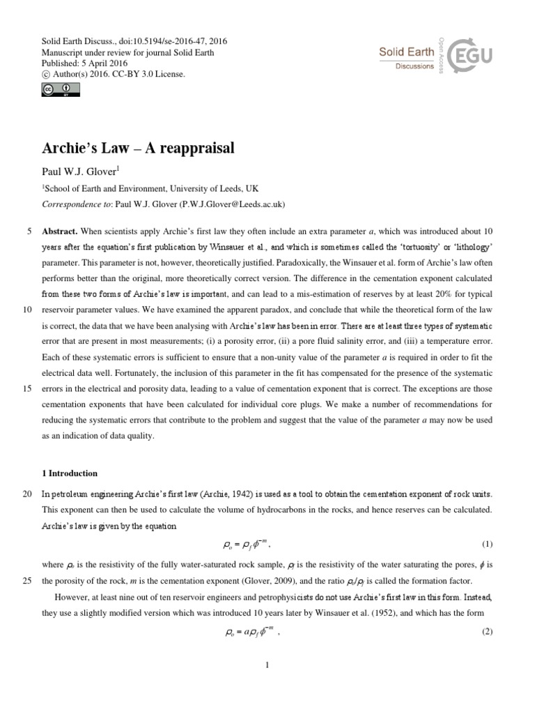 Reevaluating Archie’s Law Parameters | PDF | Porosity | Physical Sciences