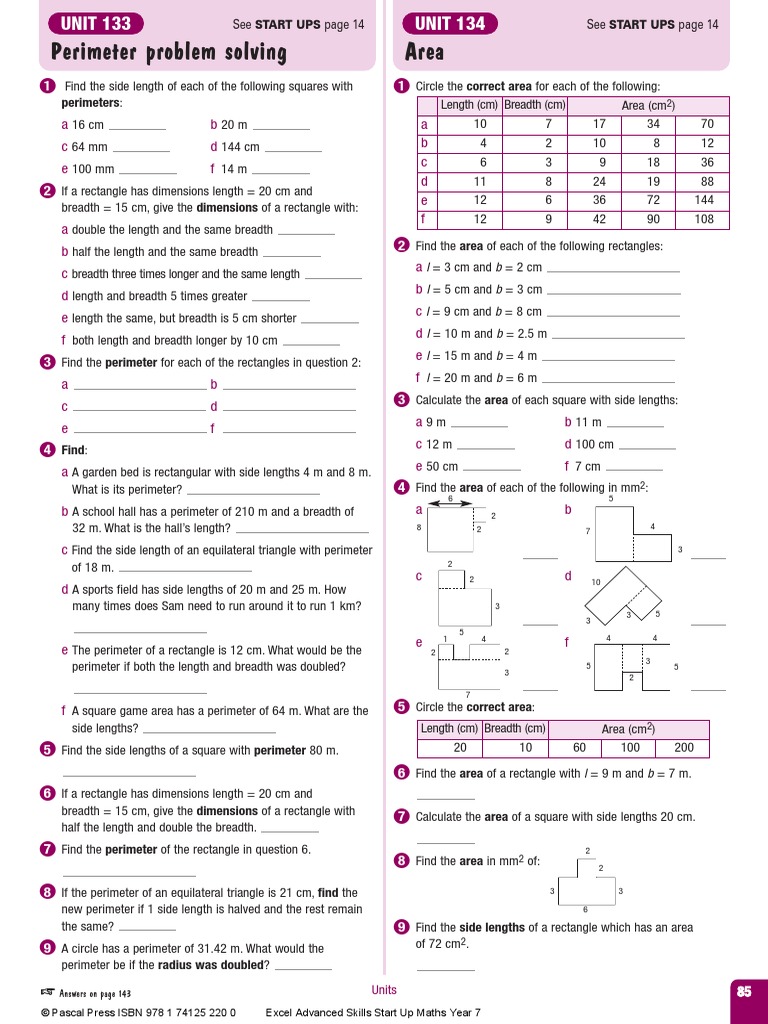 Perimeter Problem Solving Area: Unit 1 Unit 2 UNIT 133 UNIT 134 | PDF ...