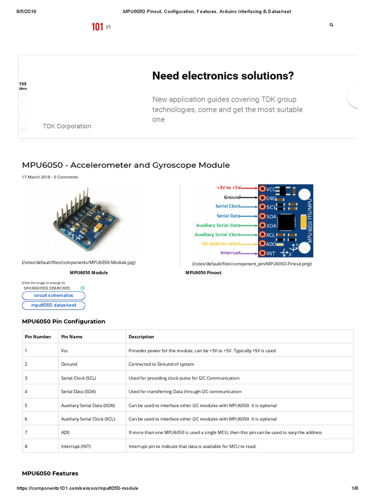 Mpu6050 Pinout Configuration Features Arduino Interfacing And Datasheet Pdf Accelerometer