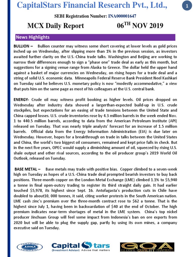 MCX Daily Report: Market Insights 06 Nov | PDF | Investor | Investing