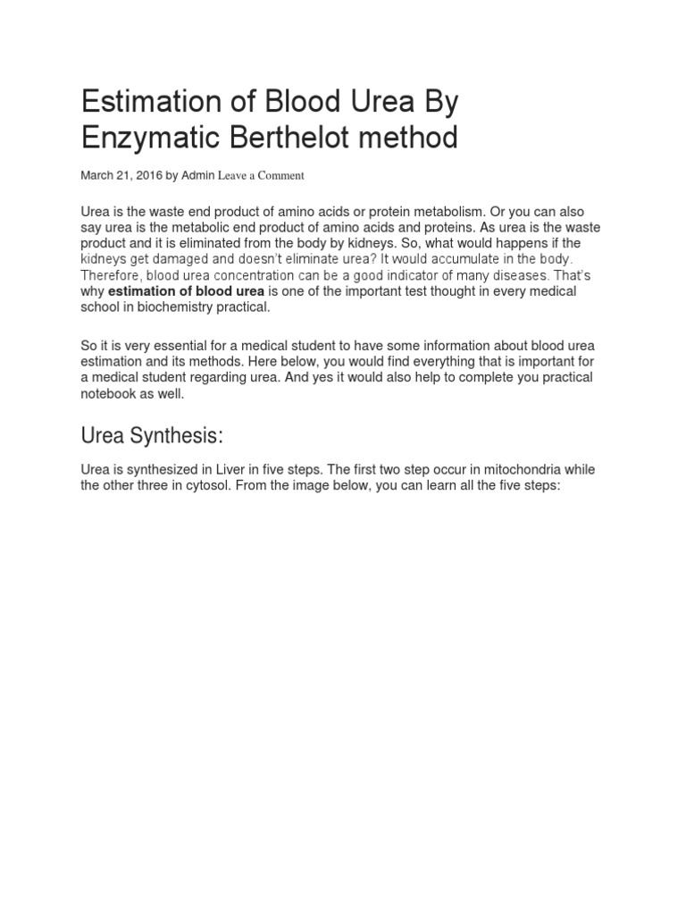Estimation of Blood Urea by Enzymatic Berthelot Method | PDF | Urea ...