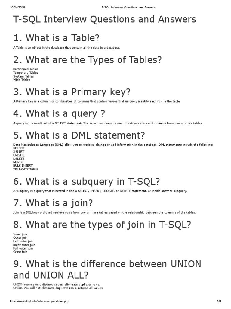 T-SQL Interview Questions and Answers | PDF | Data | Data Management