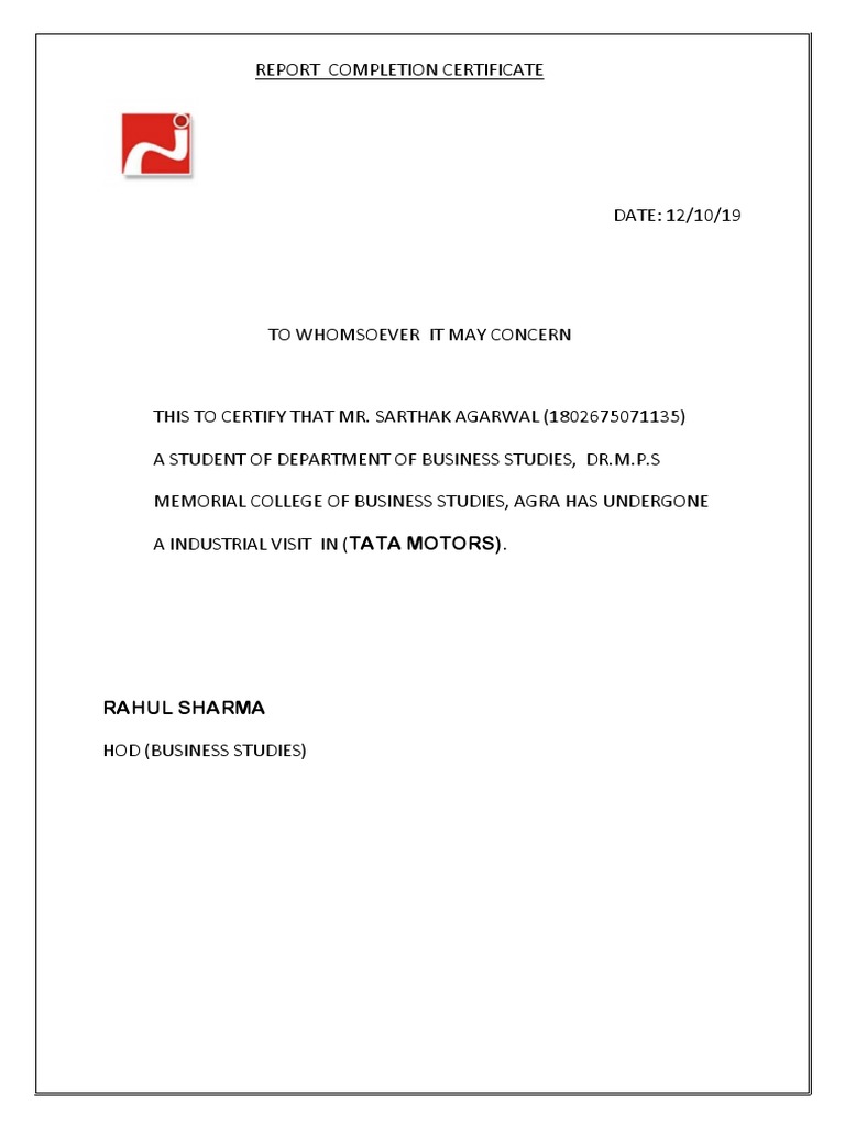 Report Completion Certificate | PDF