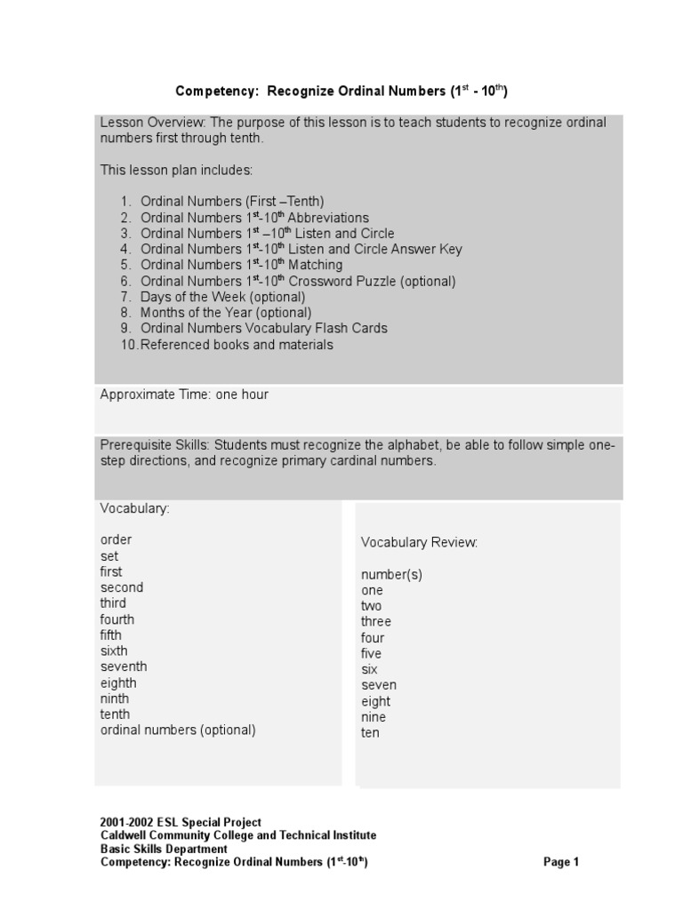 Teaching Ordinal Numbers: A Lesson Plan for Recognizing and Practicing ...