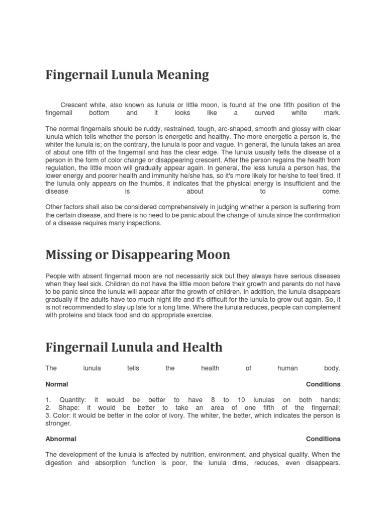 Fingernail Lunula Meaning: Normal Conditions | PDF | Nail (Anatomy) | Heart