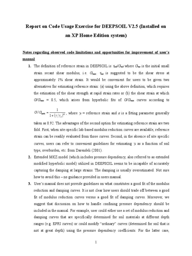 Report On Code Usage Exercise For DEEPSOIL V2.5 (Installed On An XP Home Edition System ...