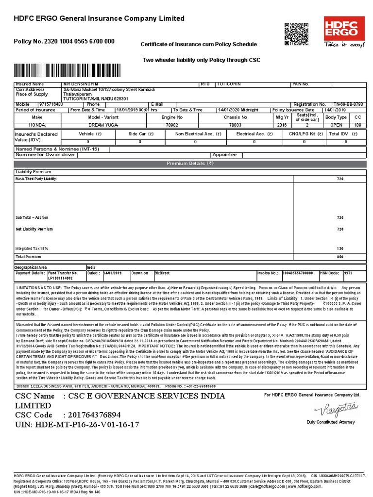 HDFC ERGO General Insurance Company Limited: Policy No. 2320 1004 0565 ...