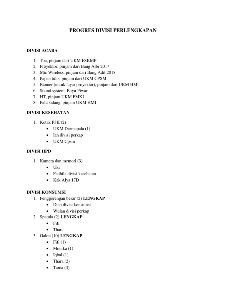 Progres Divisi Perlengkapan Terbaru | PDF