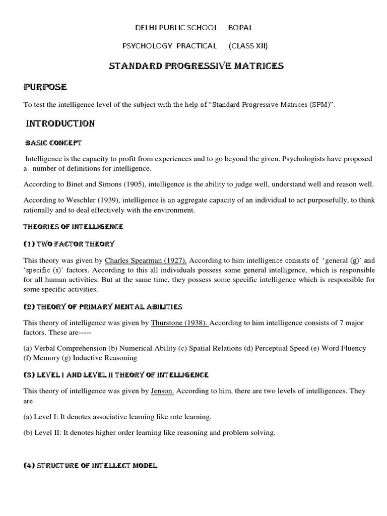 Standard Progressive Matrices Purpose: Delhi Public School Bopal Psychology Practical (Class Xii ...