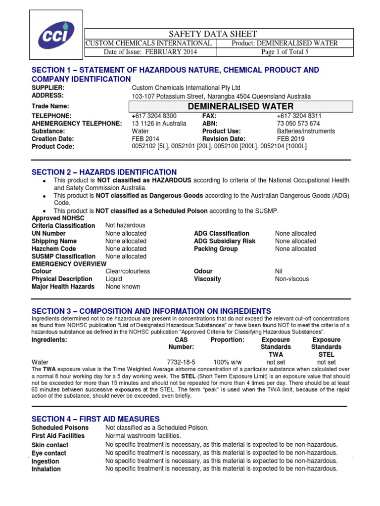 Safety Data Sheet: Demineralised Water | PDF | Dangerous Goods ...