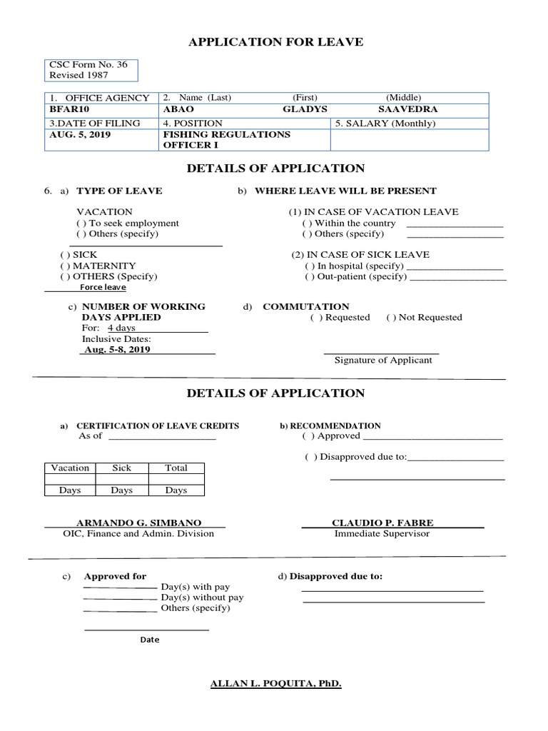 Application For Leave: BFAR10 Abao Gladys Saavedra | PDF