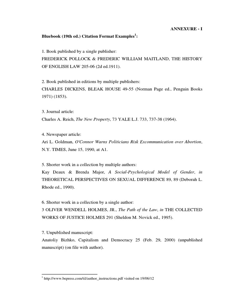 Annexure - I Bluebook (19th Ed.) Citation Format Examples | PDF