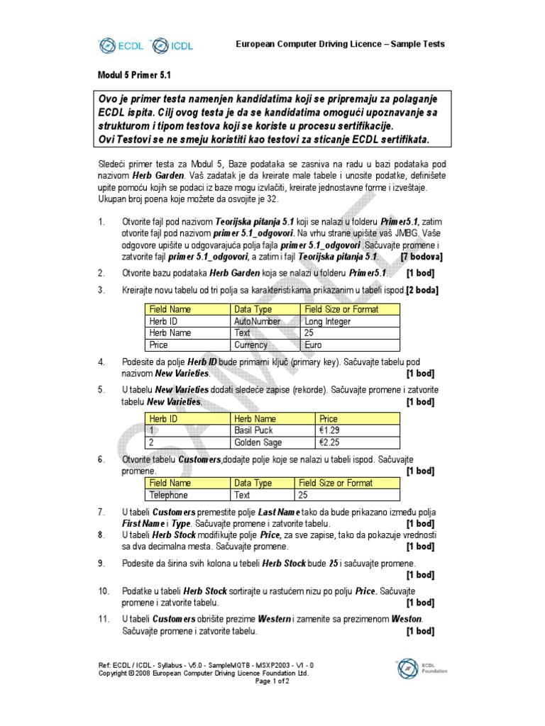 ECDL Test 5.1 Pitanja I Zadaci | PDF