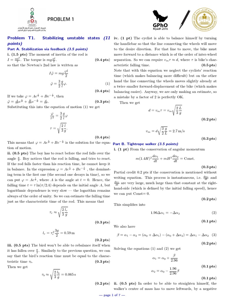 Points) : Problem T1. Stabilizing Unstable States (11 | PDF | Torque ...