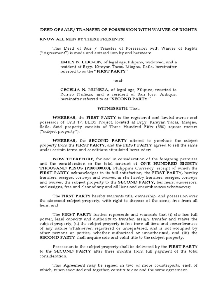 Transfer of Possession - BLISS Project | PDF | Deed | Property