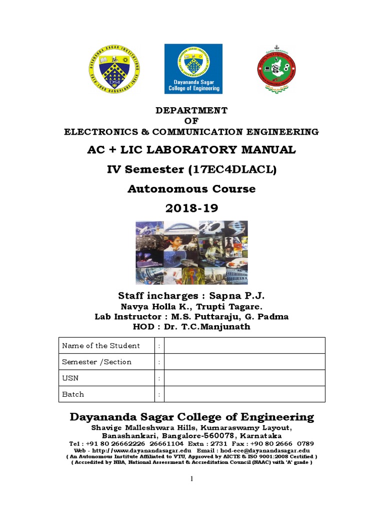 Ac+lic Lab Manual 2018-19 | PDF | Electronic Filter | Operational Amplifier