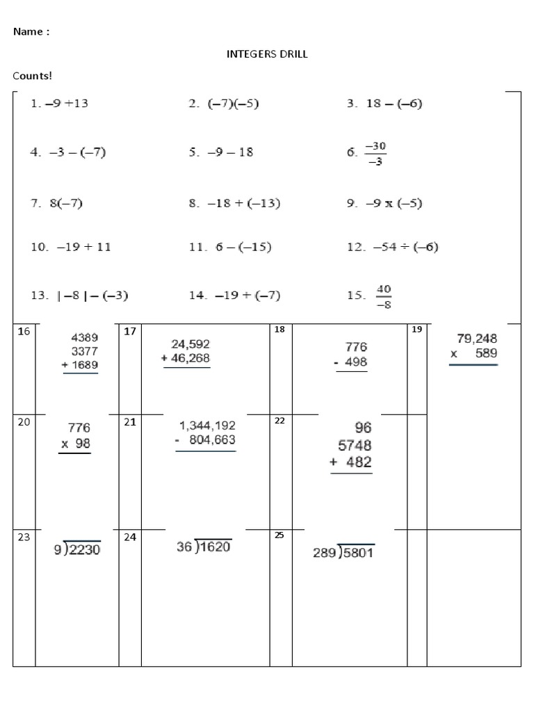 Integers Drill | PDF