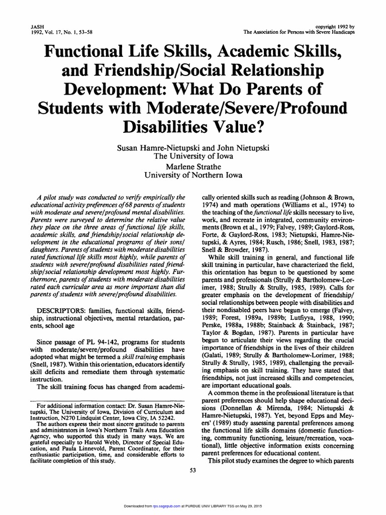 Functional Life Skills, Academic Skills and Friendship Social ...