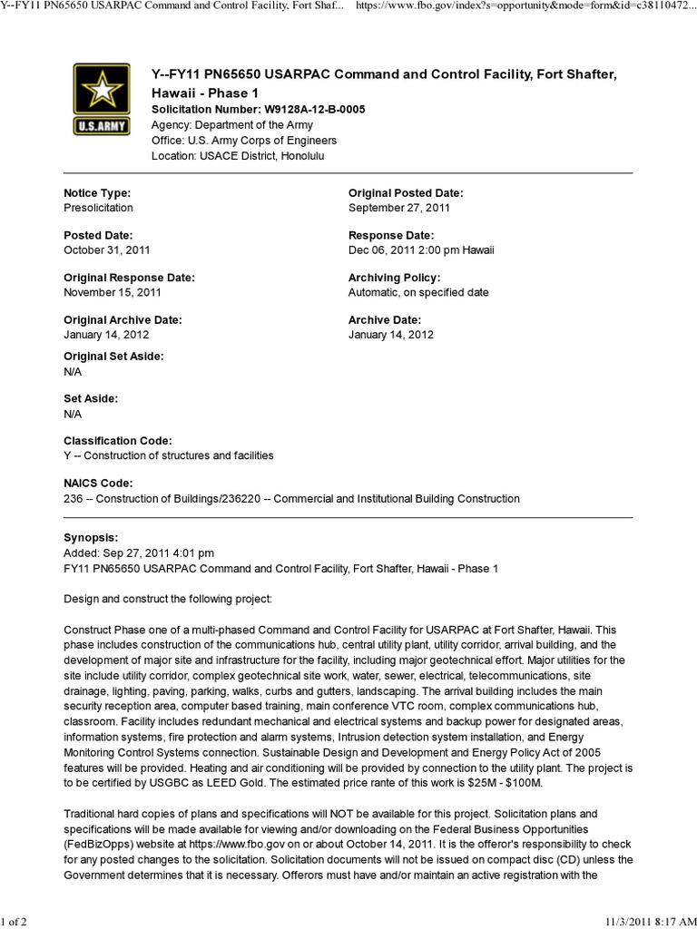 Y - FY11 PN65650 USARPAC Command and Control Facility, Fort Shafter ...