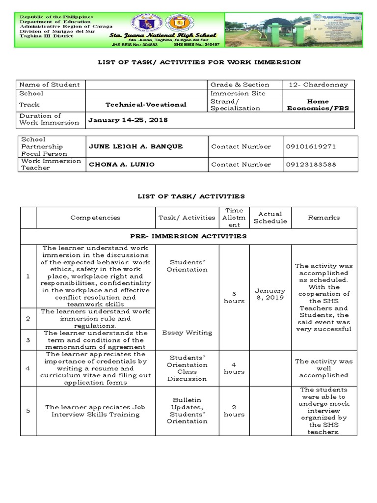 Work Immersion Activities | PDF | Learning | Cognition