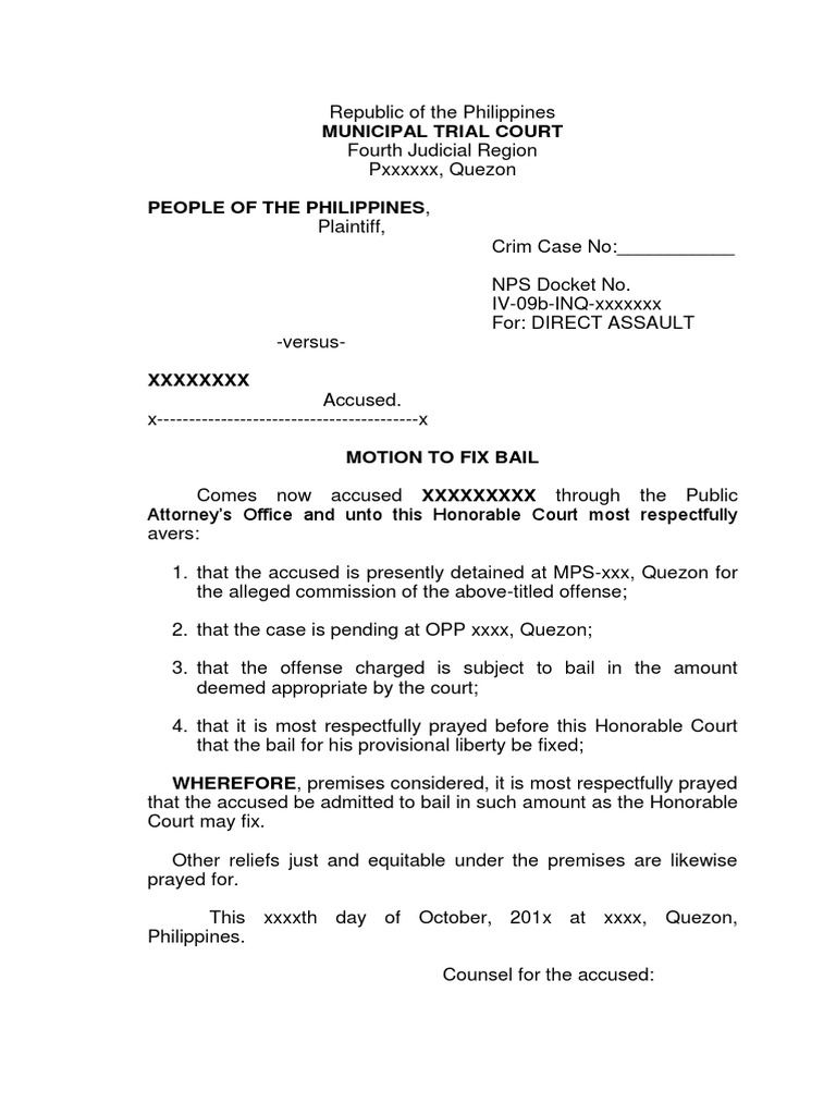 Motion To Fix Bail | PDF | Bail | Legal Procedure