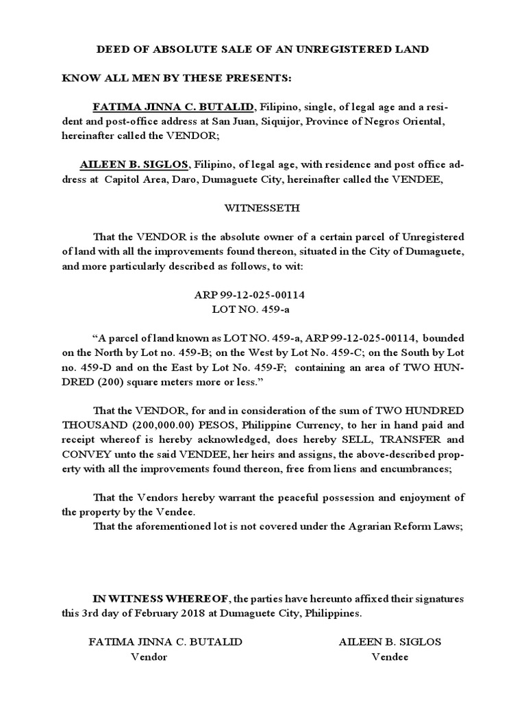 Deed of Absolute Sale of An Unregistered Land | PDF | Law And Economics ...