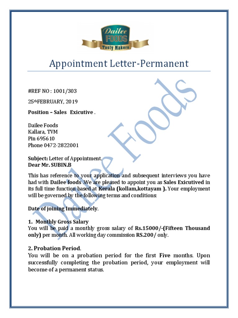 Appointment Letter - Sales Exicutive Subin B | PDF