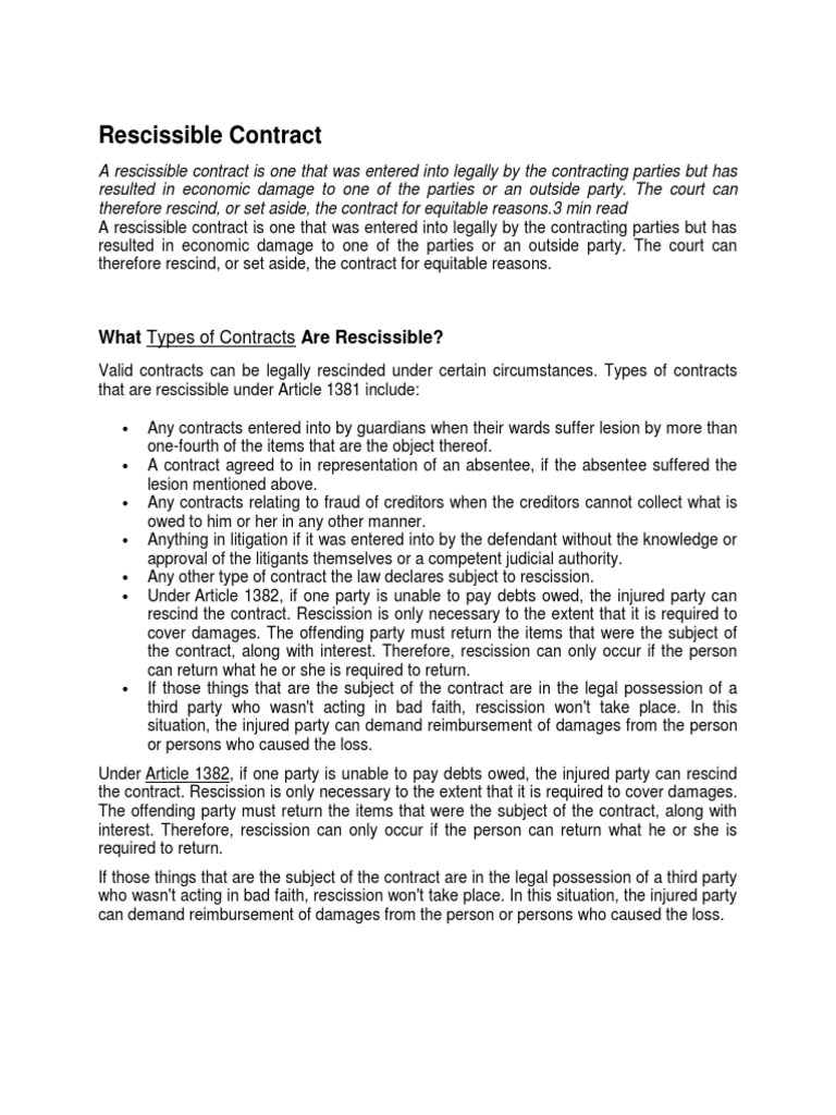 Rescissible Contract: Types of Contracts | PDF | Annulment | Legal Concepts