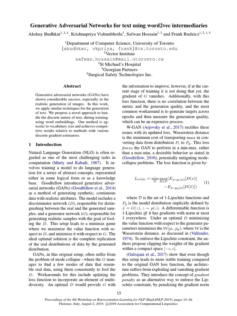 Generative Adversarial Networks For Text Using Word2vec Intermediaries | PDF | Areas Of Computer ...