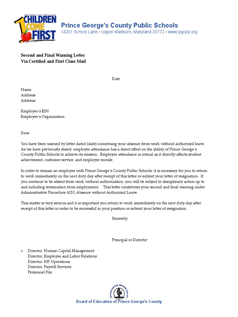 Absence Without Authorized Leave Second Warning Letter FINAL | PDF