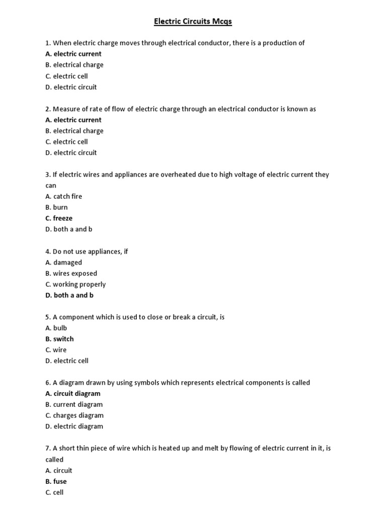 Electric Circuits Mcqs | PDF | Electric Current | Series And Parallel ...