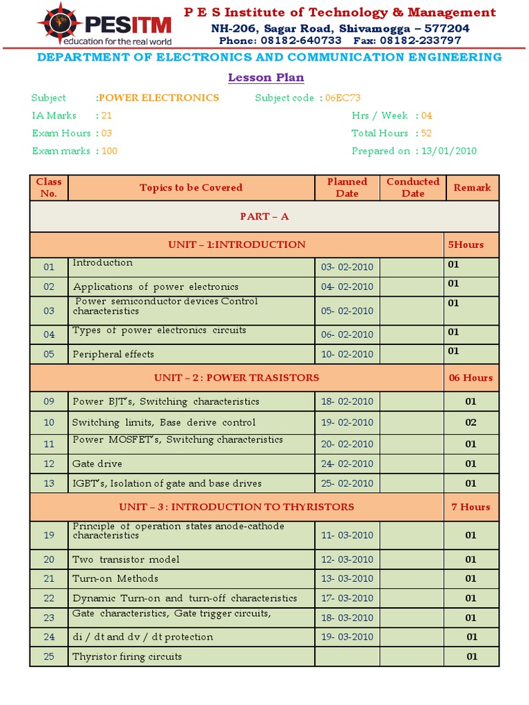 Department of Electronics and Communication Engineering: Lesson Plan ...