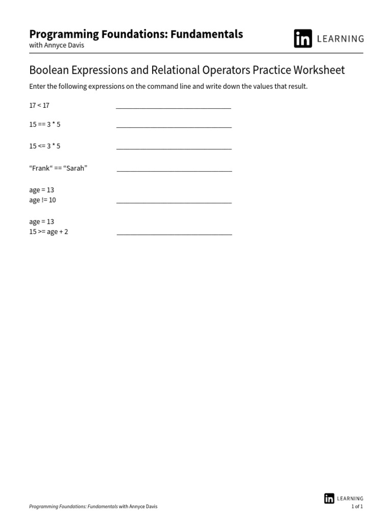Boolean Expressions and Relational Operators Practice Worksheet PDF | PDF