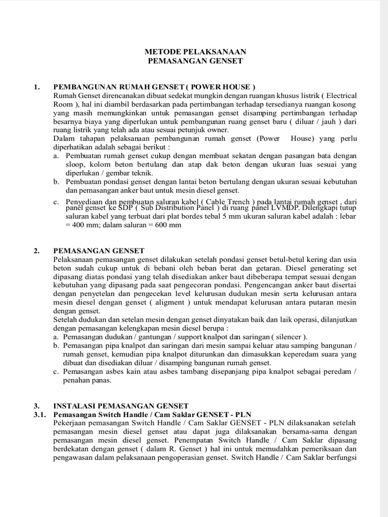 Dokumen - Tips Metode Pelaksanaan Pemasangan Genset | PDF