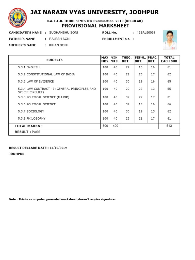 Jai Narain Vyas University, Jodhpur: Provisional Marksheet | PDF
