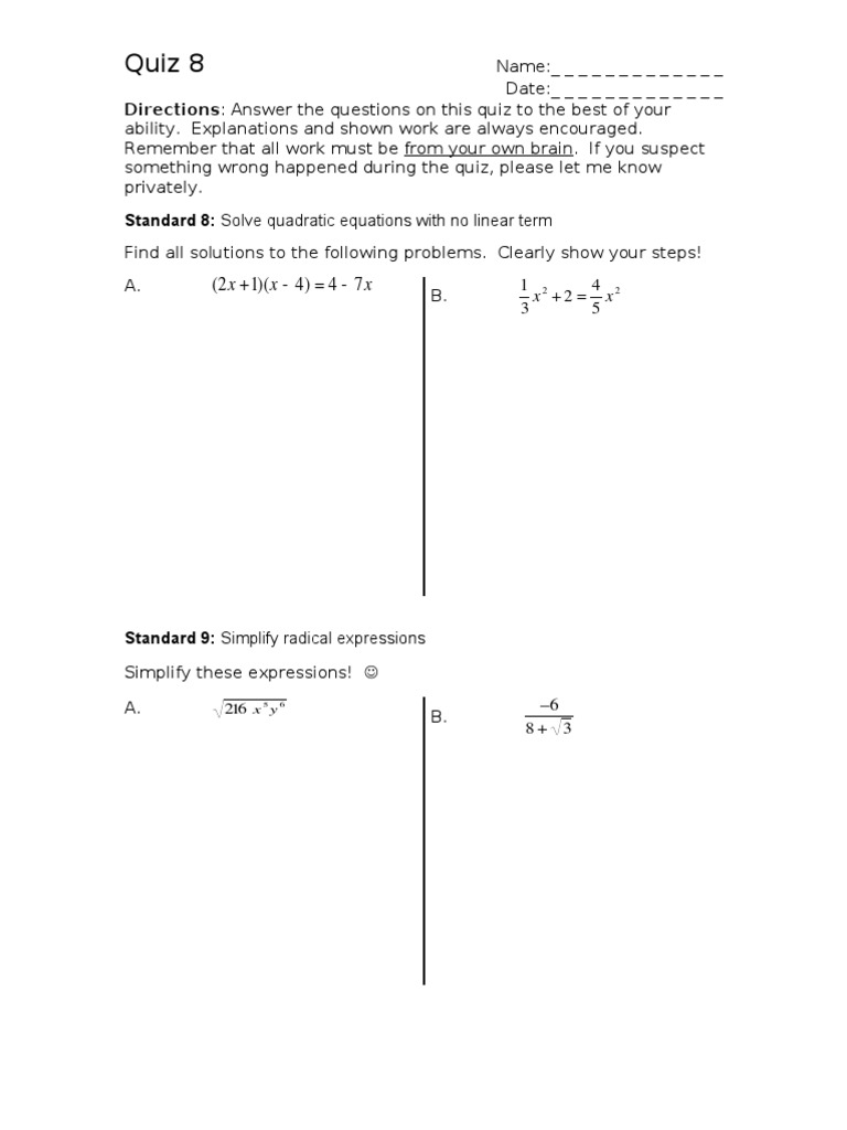 Quadratic and Radical Equations Quiz | PDF